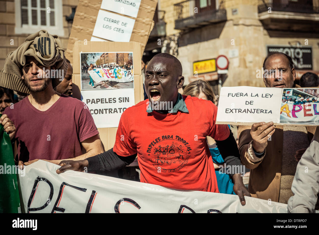 Barcelona, Spain. February 23rd, 2014: An immigrant shouts slogans ...