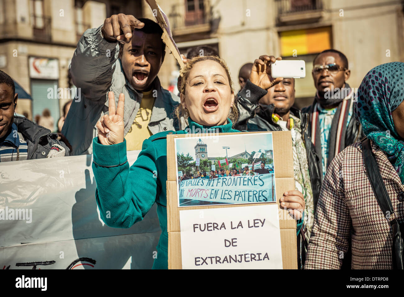 Barcelona, Spain. February 23rd, 2014: An immigrant shouts slogans ...