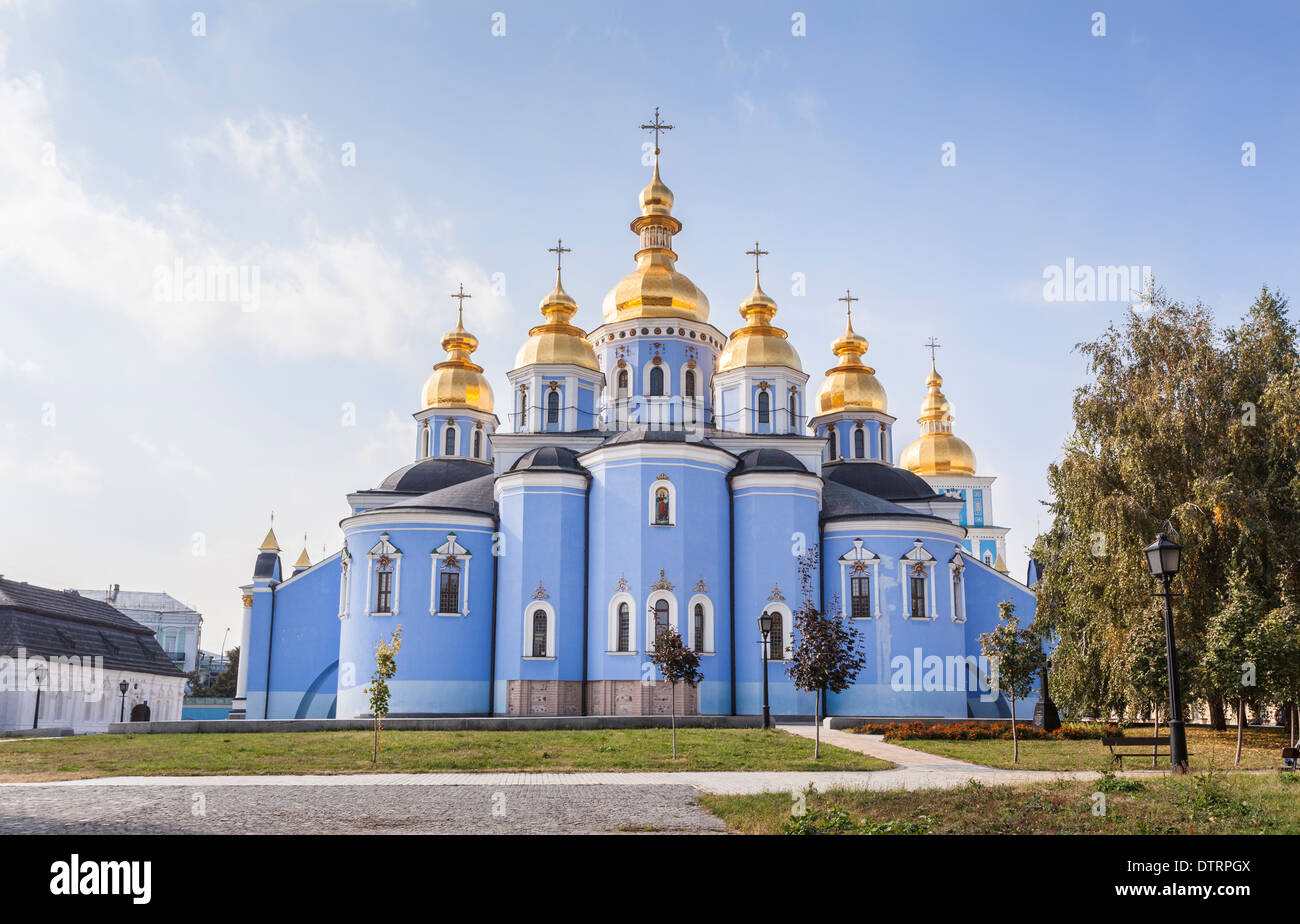 The exterior of the iconic blue, golden domed St. Michael's Golden-Domed Monastery in Kiev ...