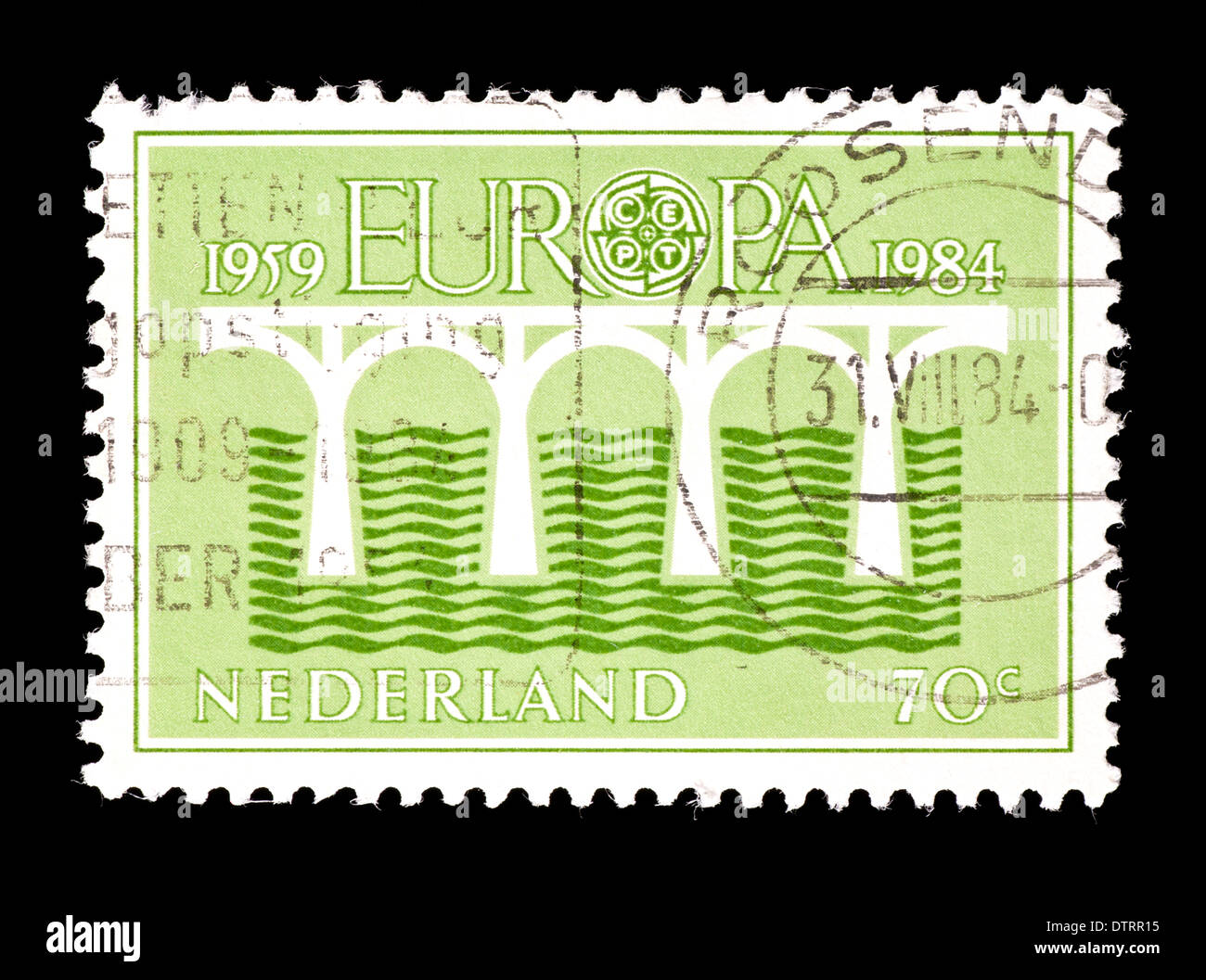Postage stamp from the Netherlands depicting a bridge over a river ...
