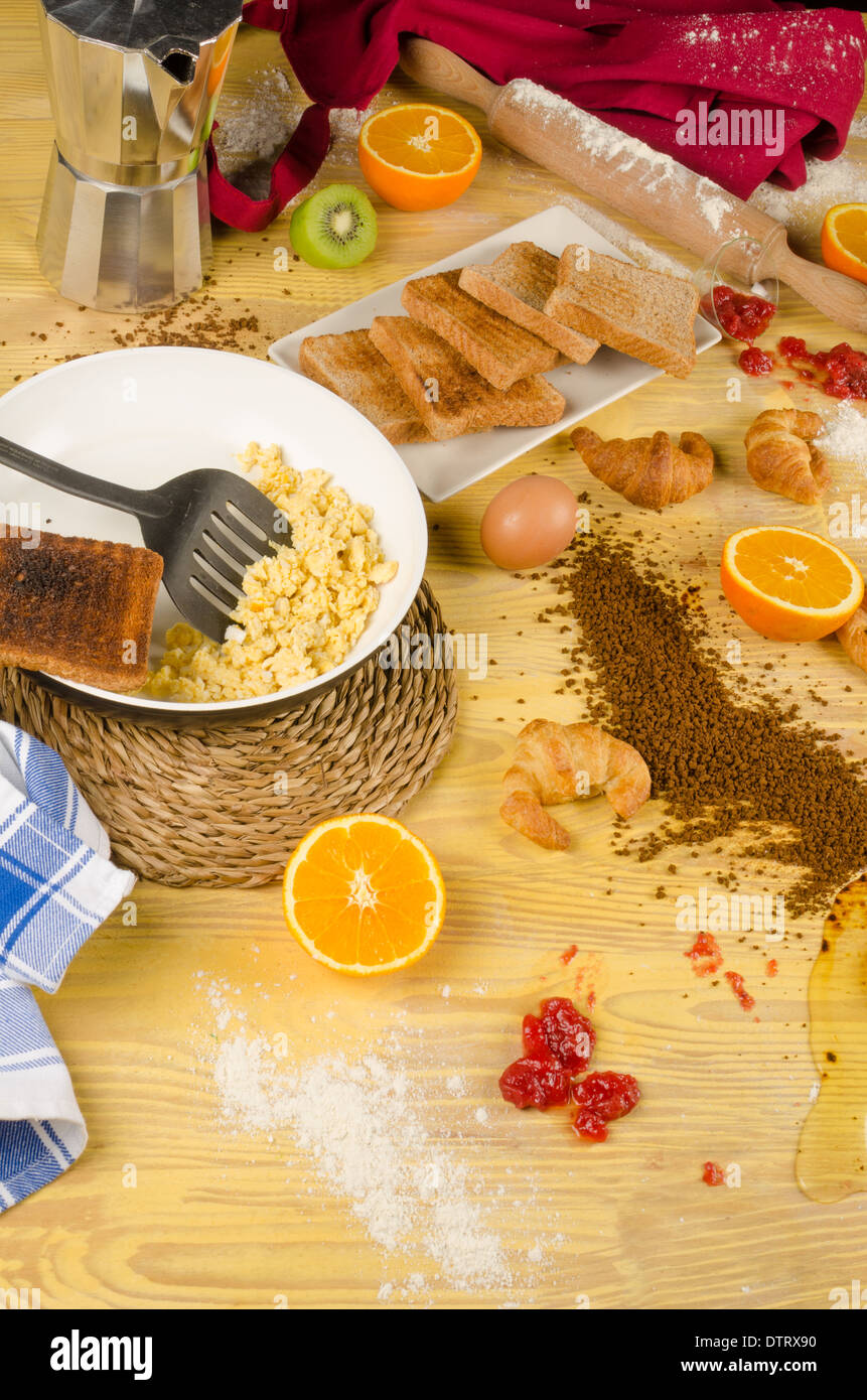 Messy breakfast, a kid having prepared it for fathers day Stock Photo ...
