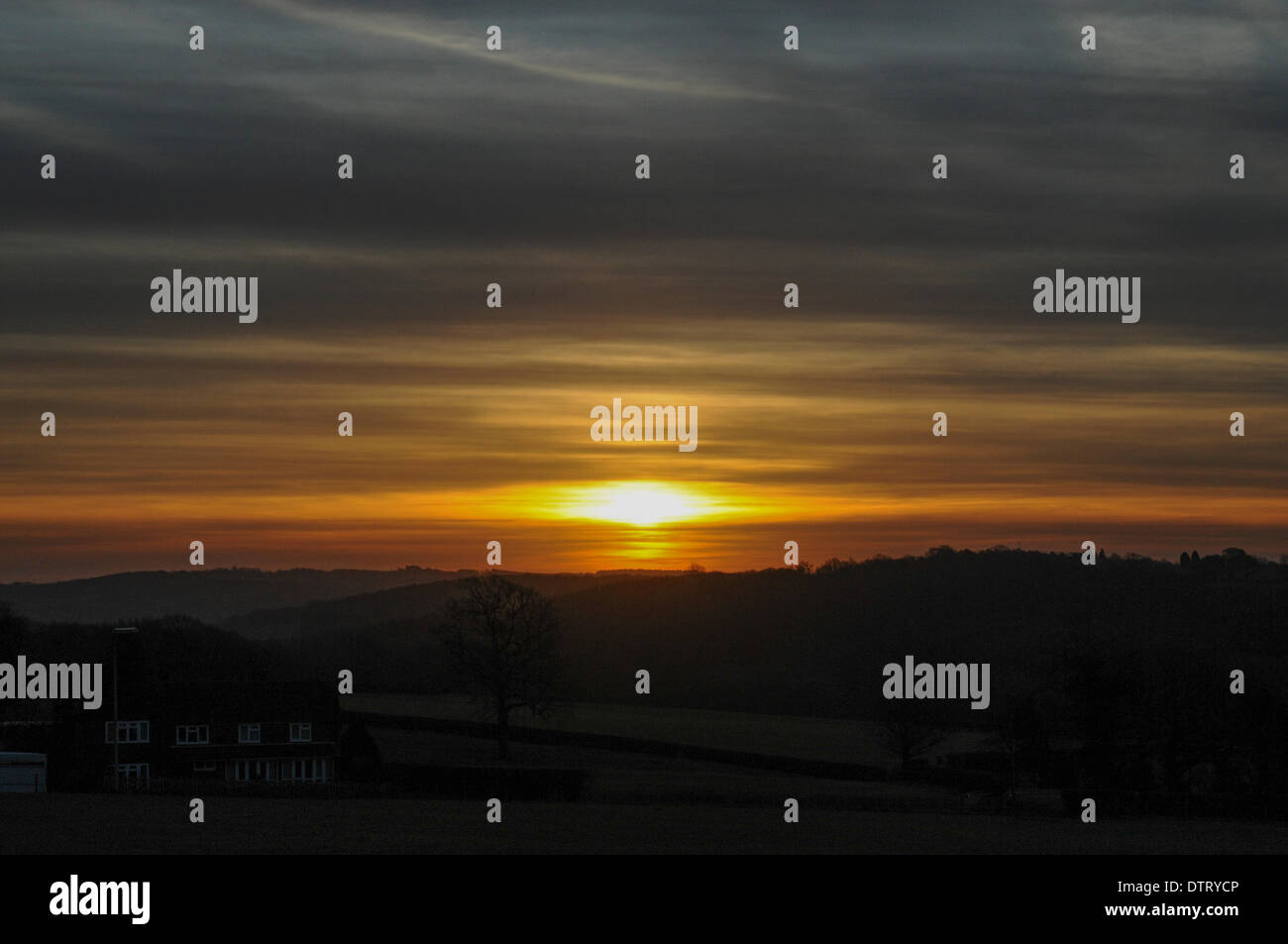 Broad Oak, Heathfield, East Sussex, UK..24 Feb 2014..Sunrise over ...