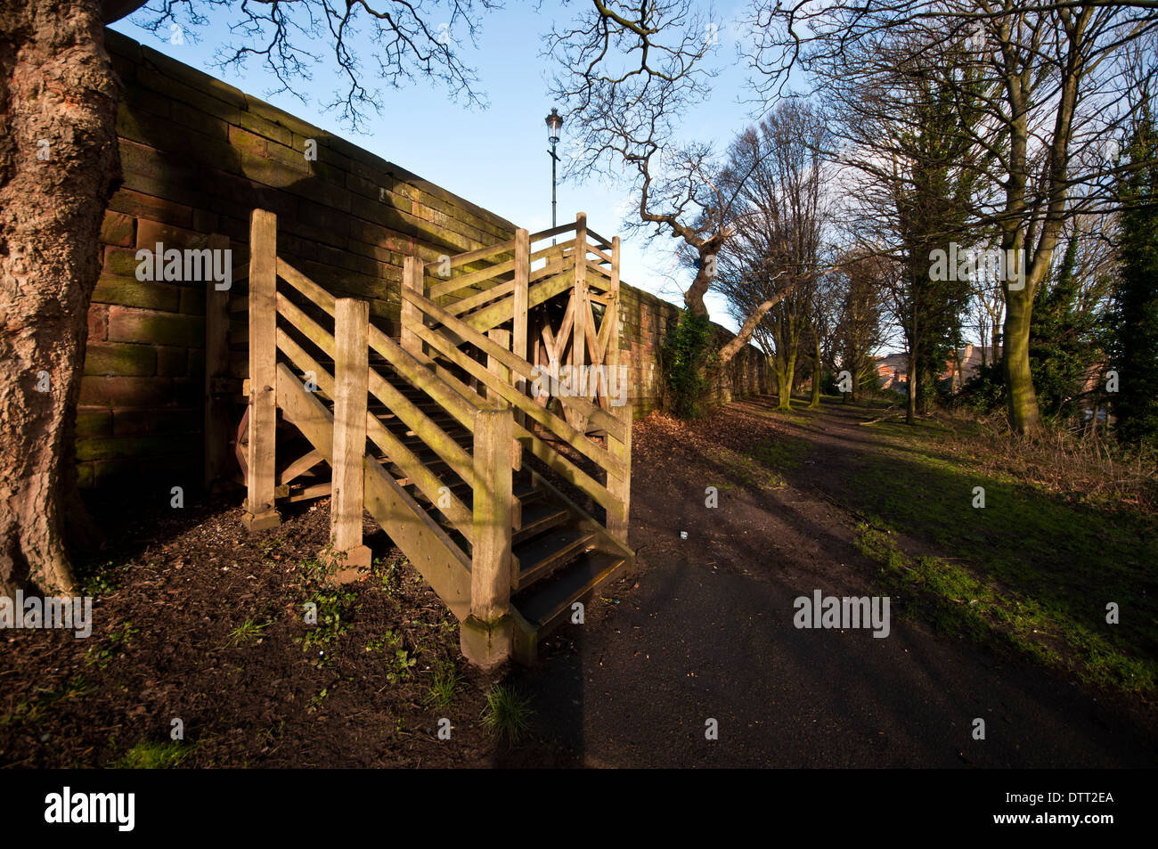 Wooden steps Chester wall walls Stock Photo - Alamy