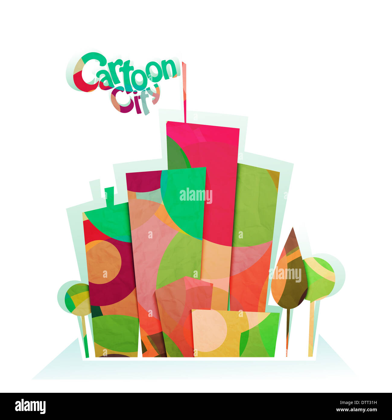 colorful cityscape with stylized buildings and trees isolated on white ...