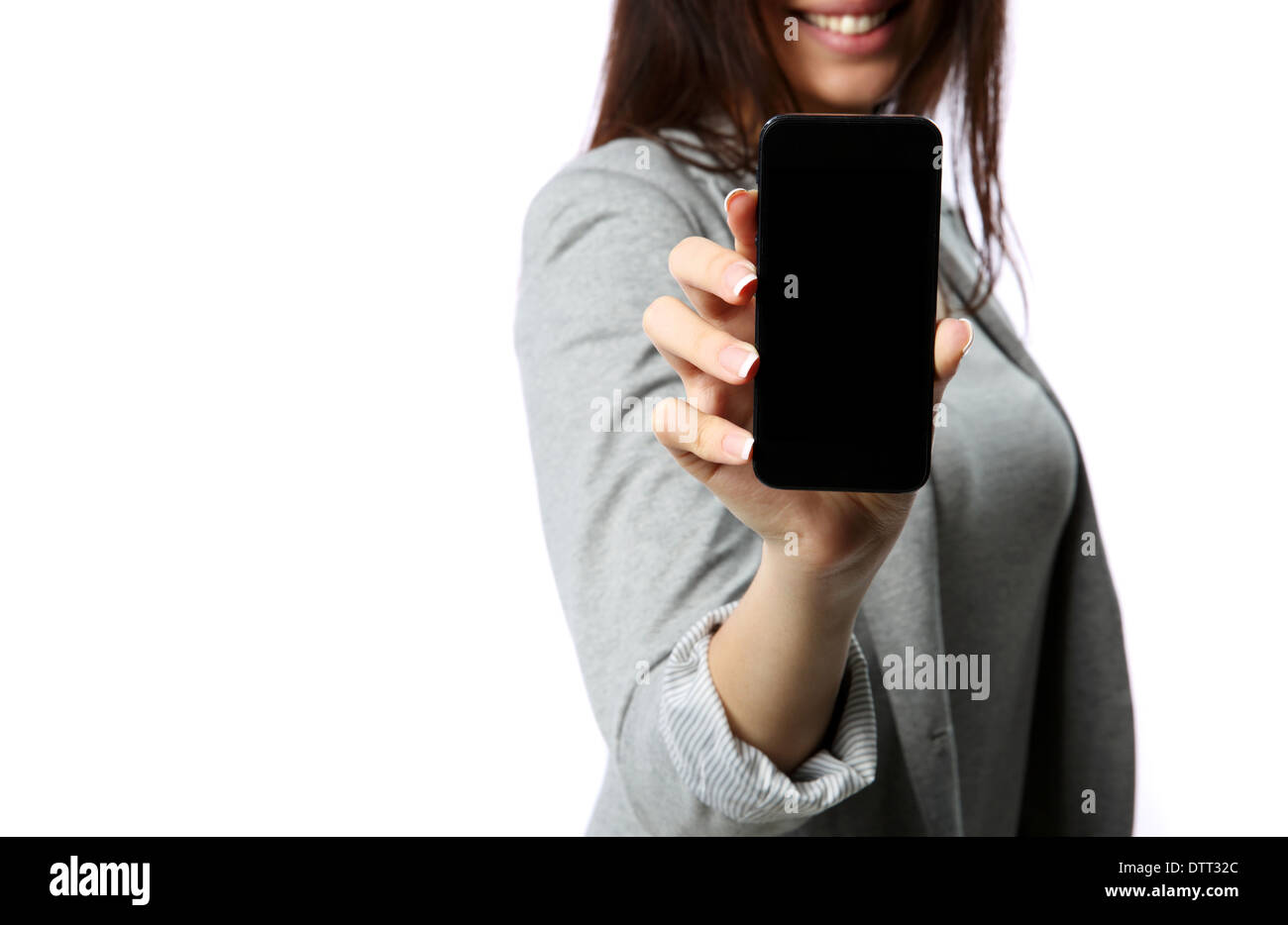 Woman showing smartphone screen isolated on white background Stock ...
