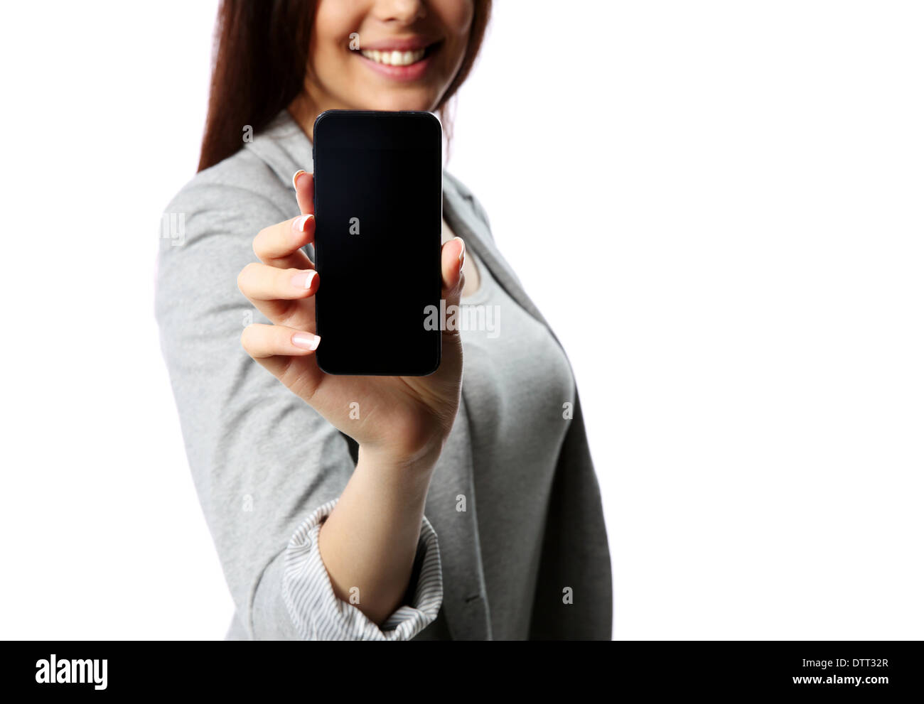 Woman showing smartphone screen isolated on white background Stock ...