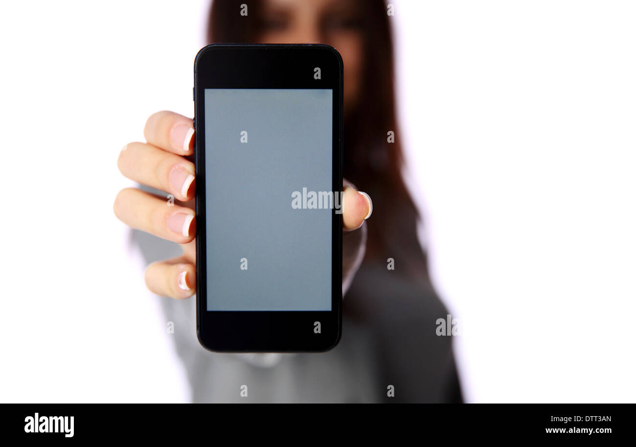 Woman showing smartphone screen isolated on white background Stock ...