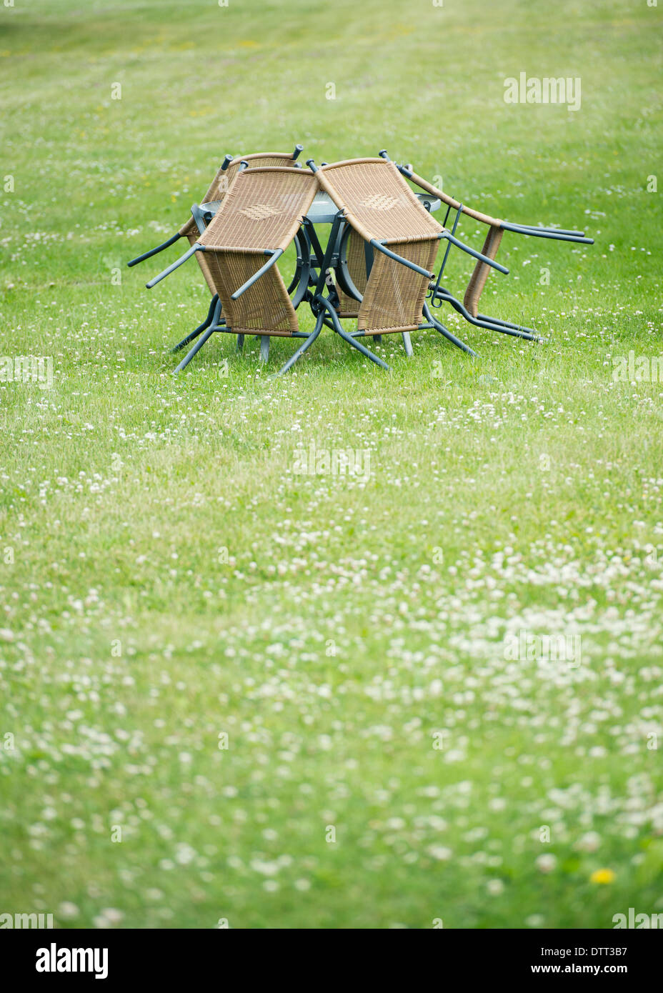 Empty garden patio with vacant chairs and table on big lawn with copy ...
