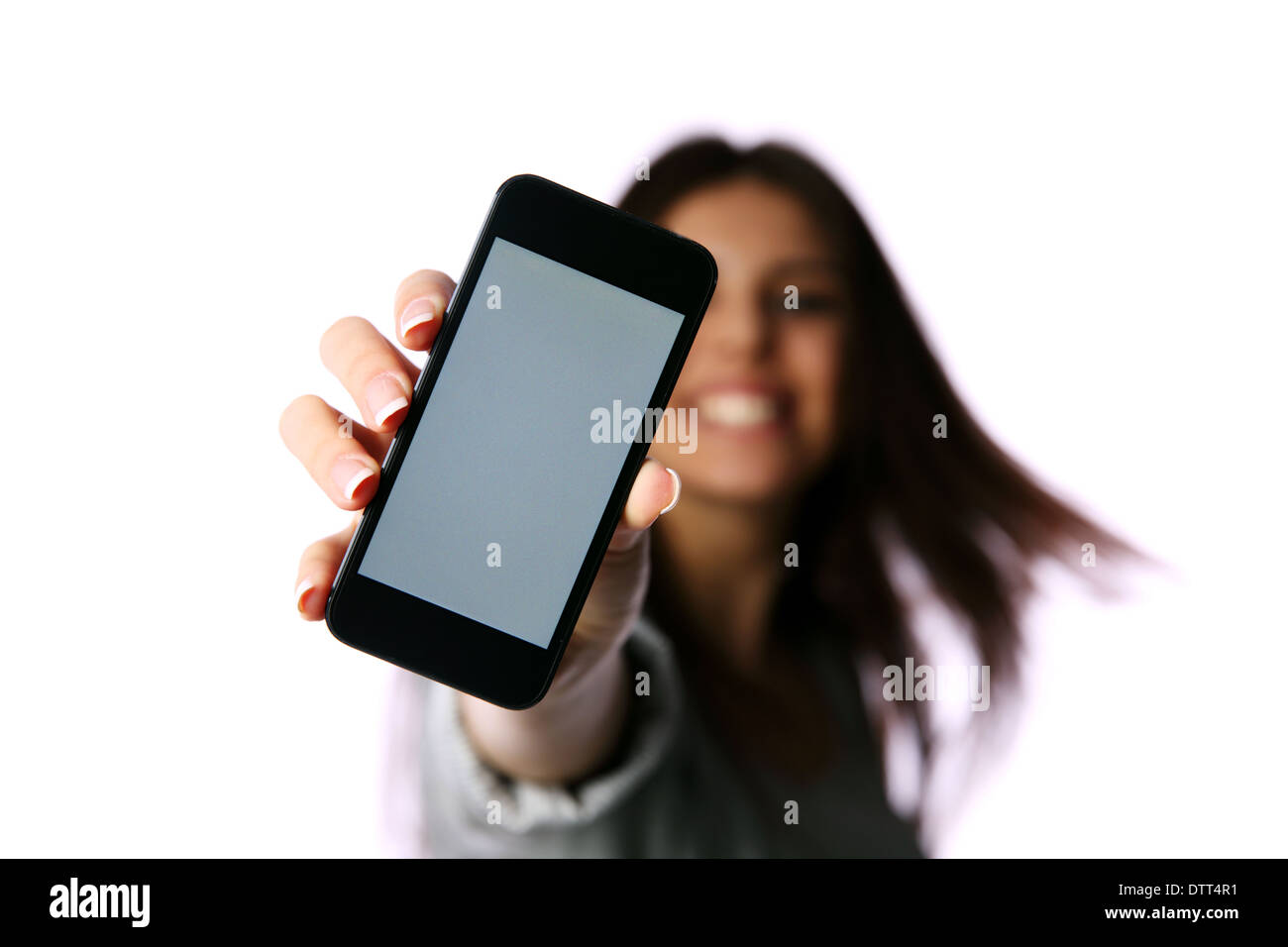 Woman showing smartphone screen isolated on white background Stock ...