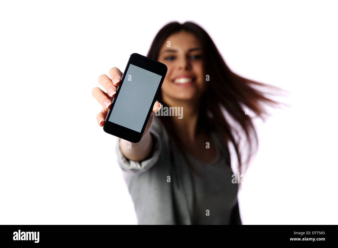 Woman showing smartphone screen isolated on white background Stock ...