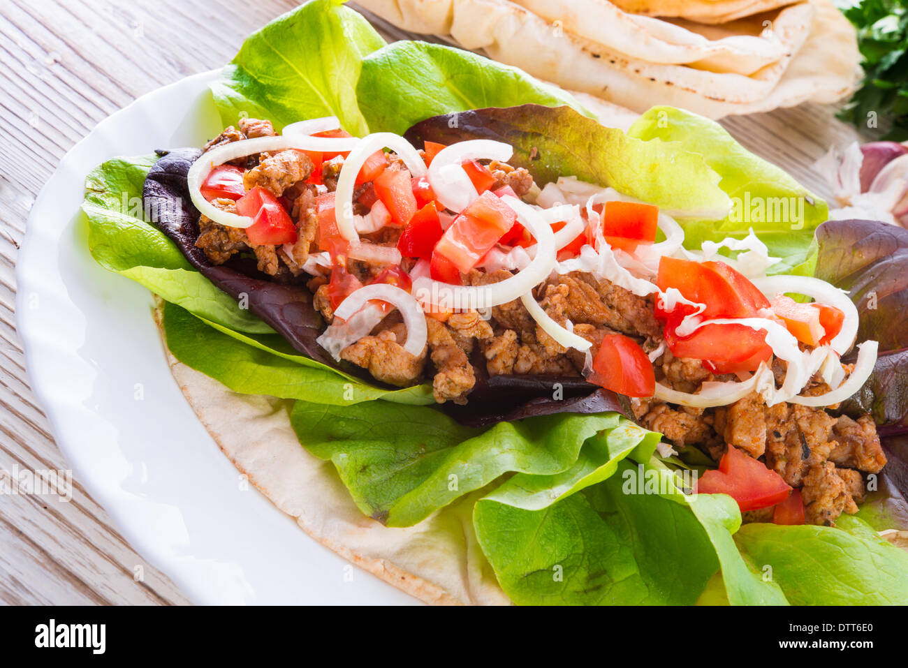 Kebab - grilled meat, bread and vegetables Stock Photo - Alamy