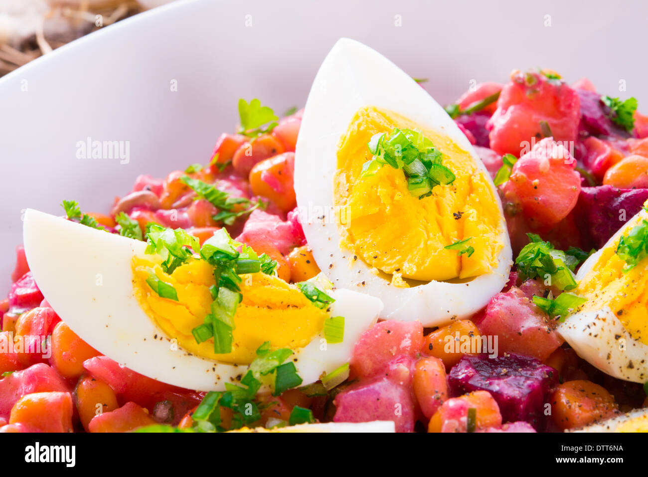 Red beet salad with egg Stock Photo - Alamy