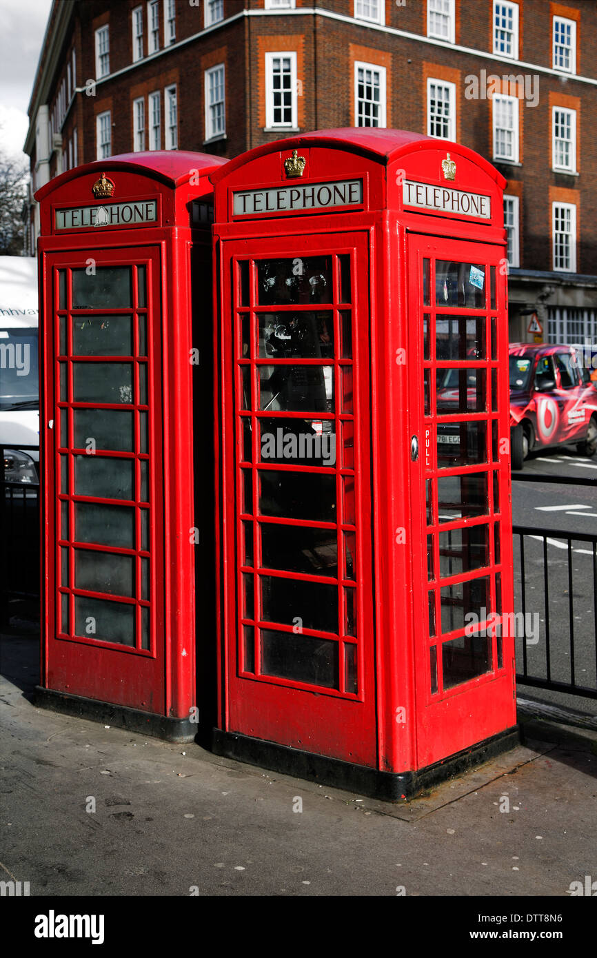 Two classic red telephone boxes, Marylebone High Street, London ...