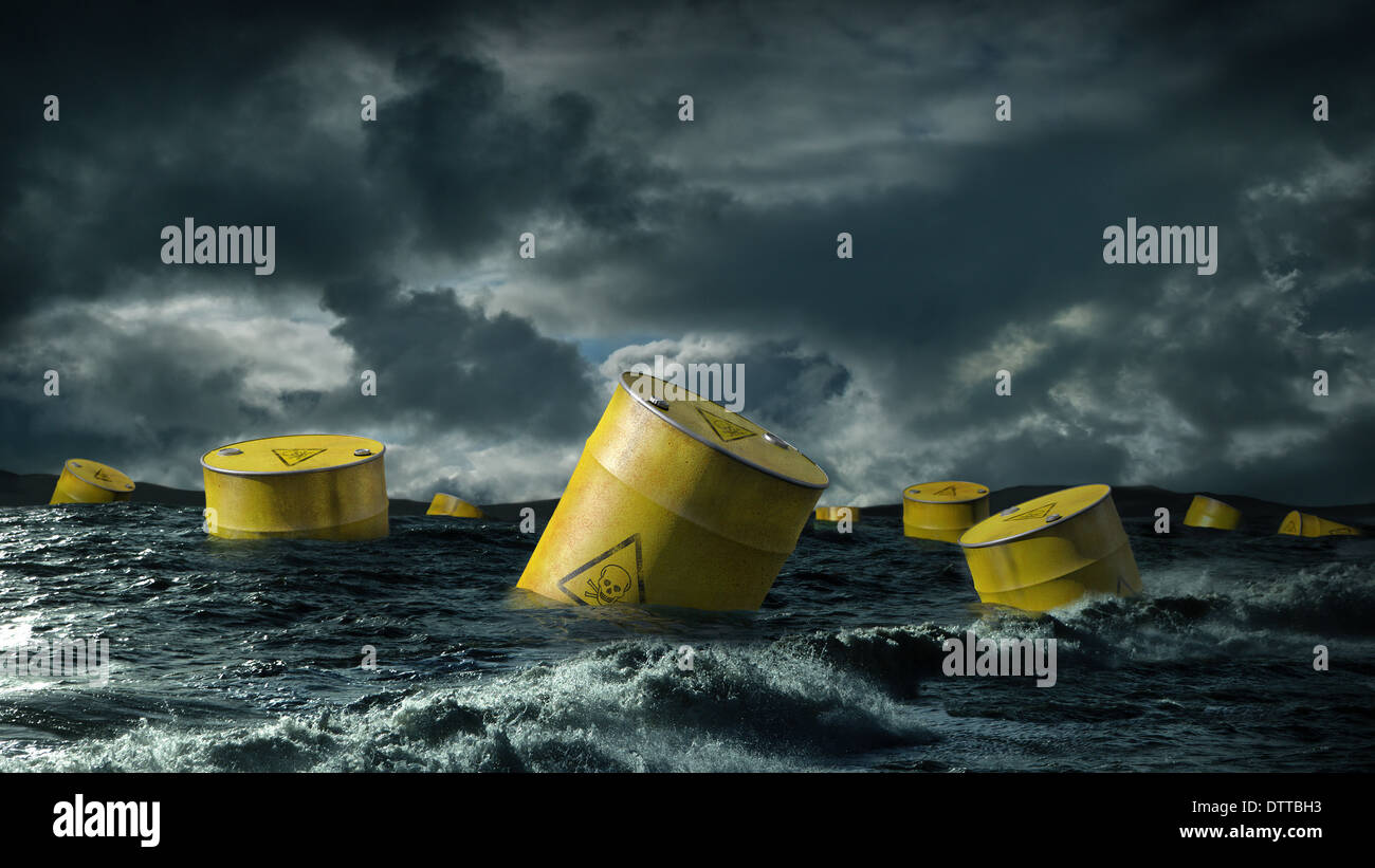 Oil barrels floating in stormy sea Stock Photo - Alamy