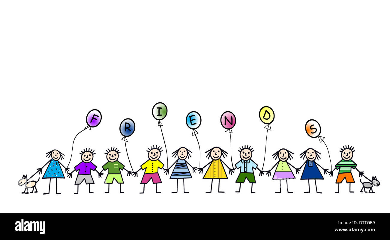 Cartoon illustration of multi kids holding hands Stock Photo - Alamy