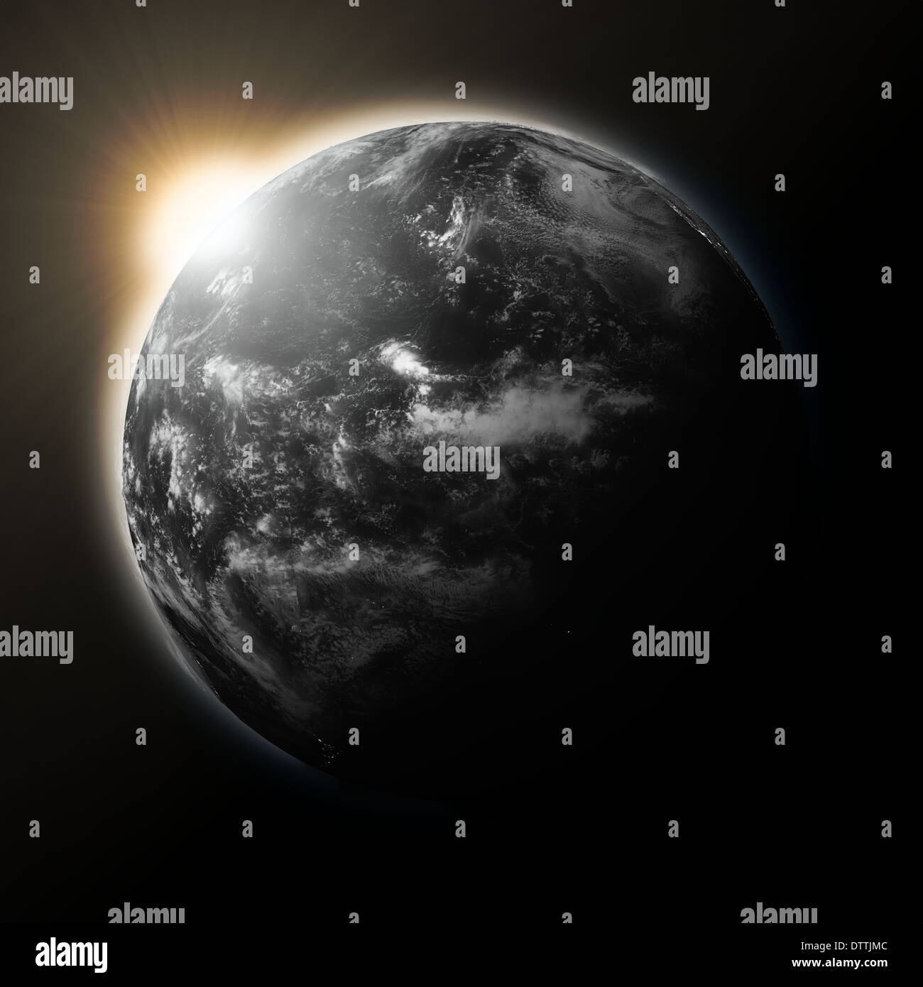 Sun over Pacific Ocean on dark planet Earth isolated on black ...