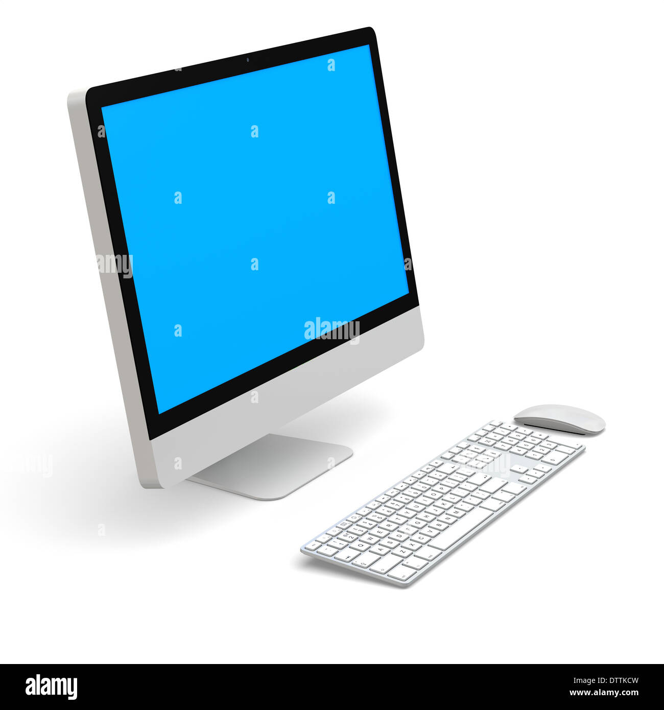 Modern desktop computer with blue screen isolated on white background ...