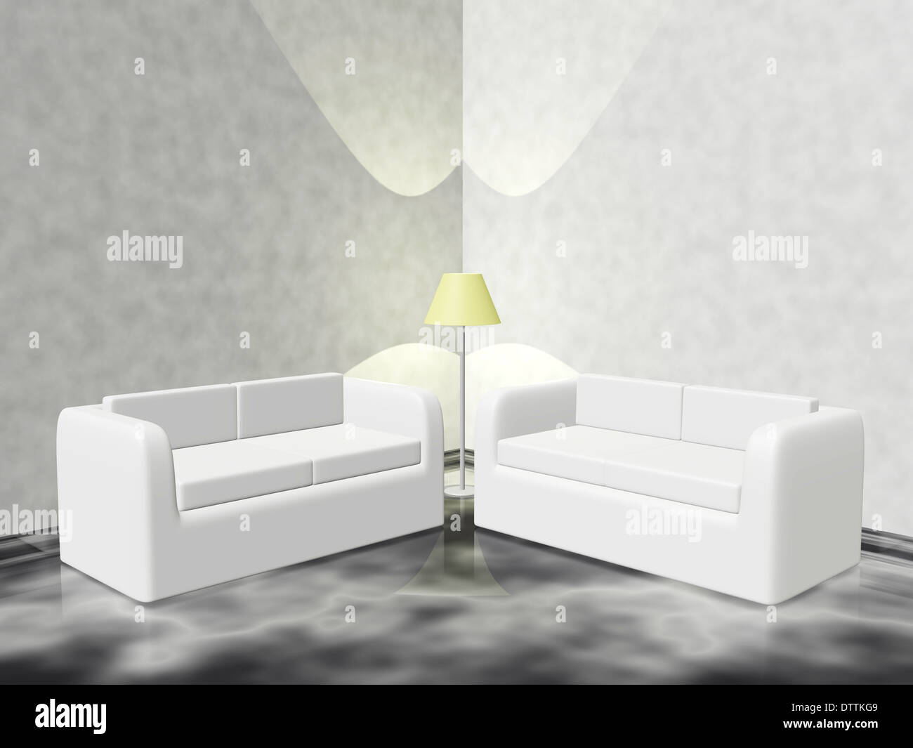 A 3d lounge corner scene with two white sofa couch and a pedestal lamp ...