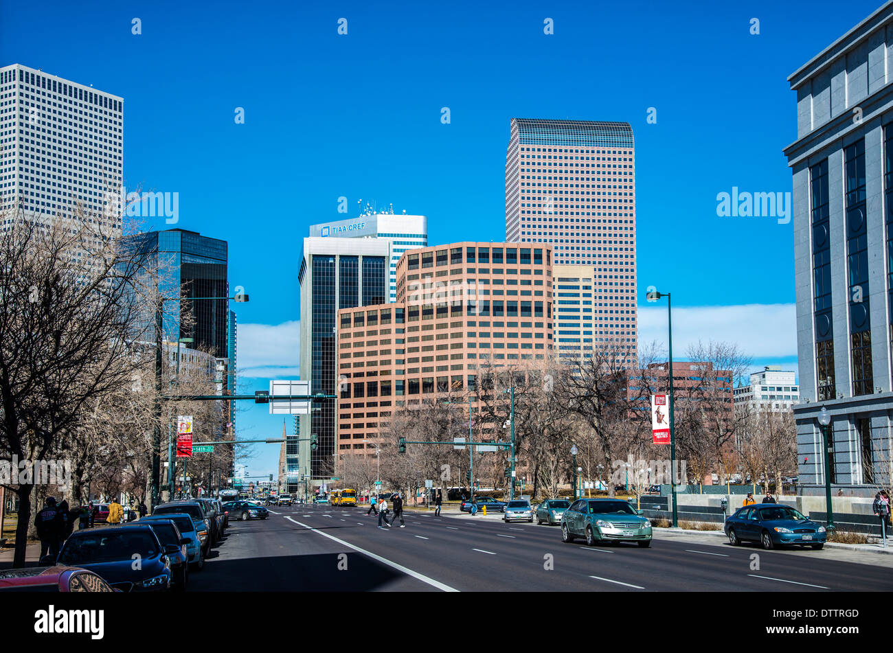 Denver Skyline looking north along Broadway at office buildings Stock ...