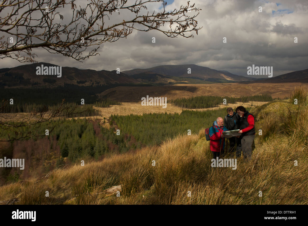 Walkers reading a map while walking in Furnace County Mayo, Ireland ...