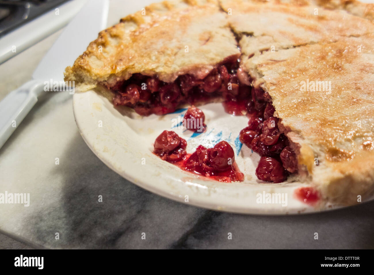 Homemade cherry pie, cut with cherries showing. Closeup. USA Stock ...