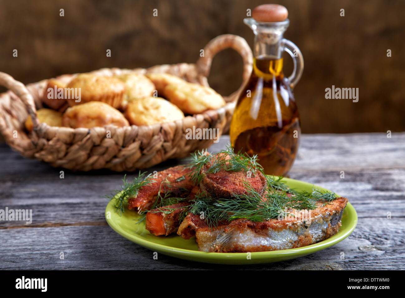 Still-life with fried fish and bread Stock Photo - Alamy
