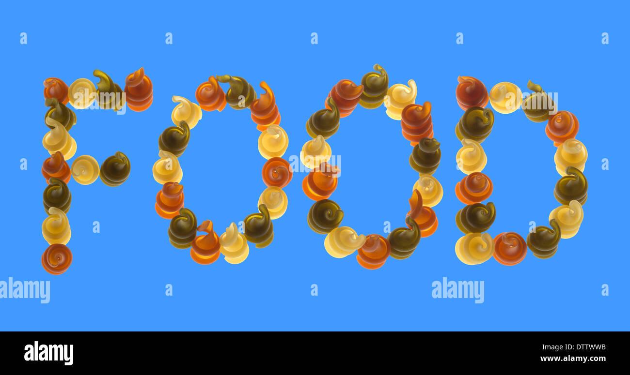 The word food made of red, green and yellow pasta Stock Photo - Alamy