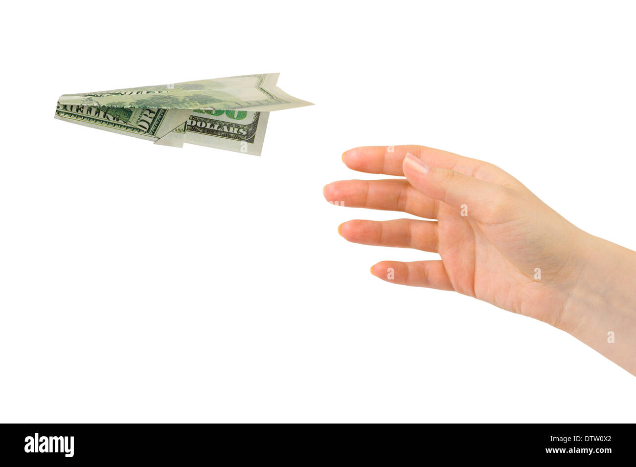 Hand and flying money plane Stock Photo - Alamy