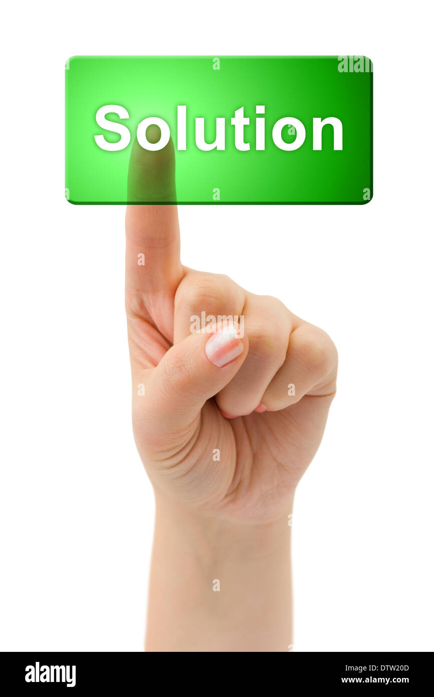 Hand and button Solution Stock Photo - Alamy