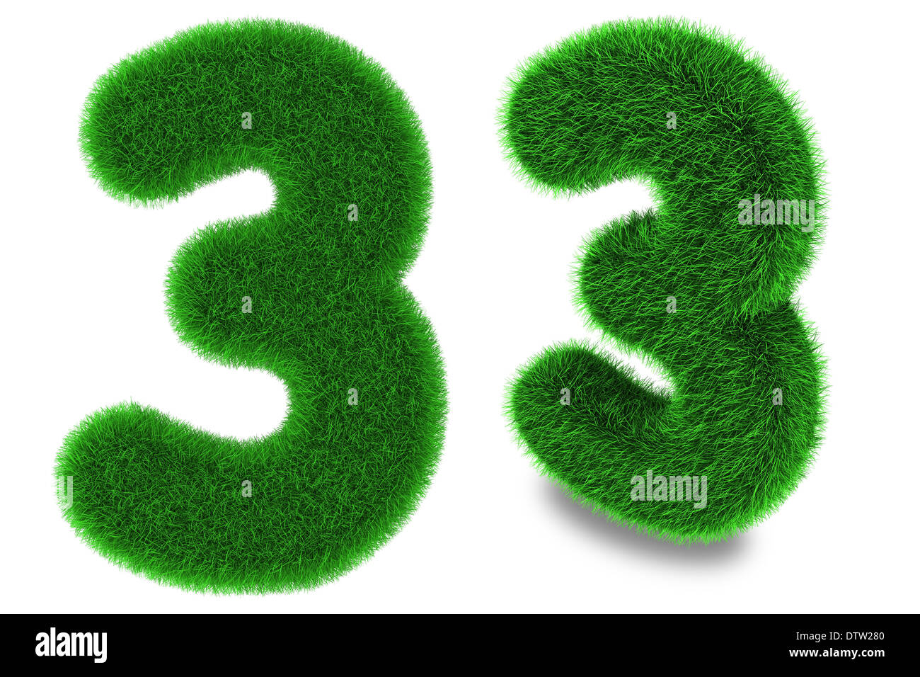 3, number three covered by green grass isolated on white background ...