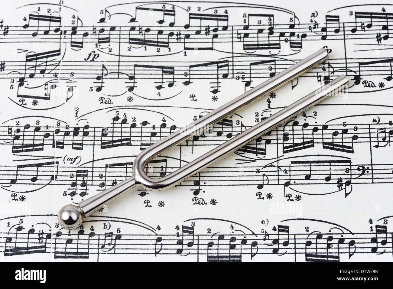 Pitchfork on sheet music Stock Photo - Alamy