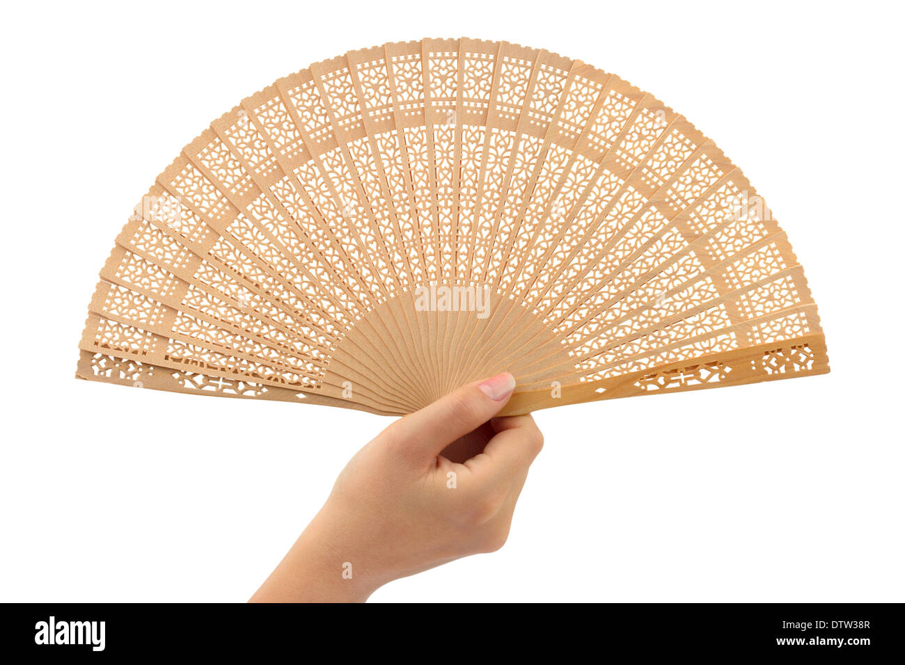 Wood fan in woman hand Stock Photo - Alamy