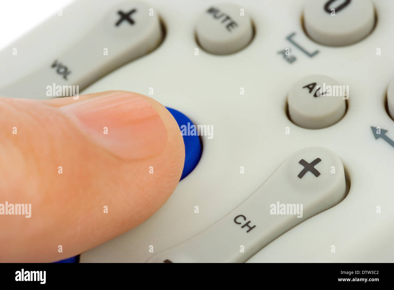 Hand pushing button on remote control Stock Photo - Alamy