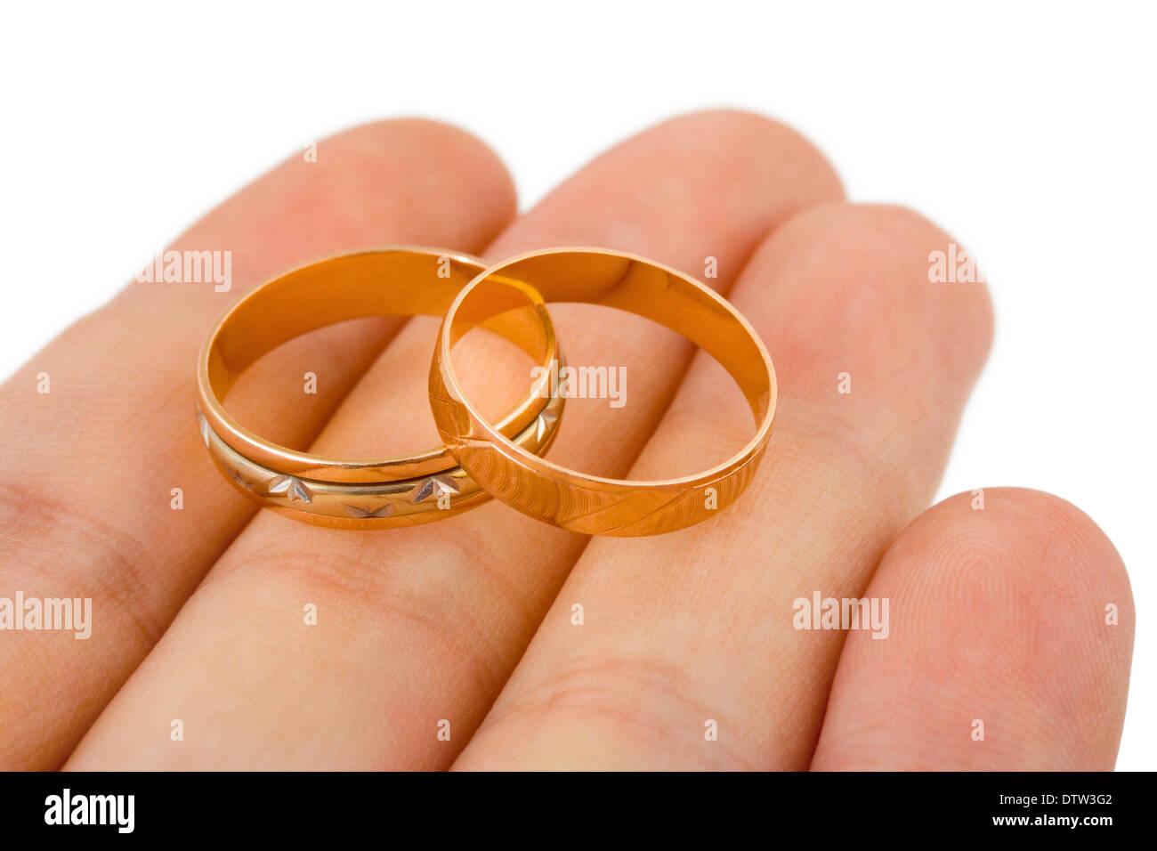 Wedding gold rings on hand Stock Photo - Alamy
