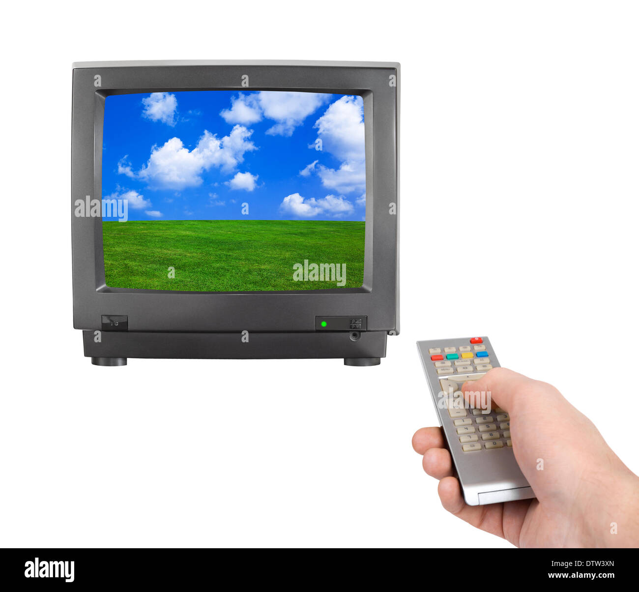 Hand with remote control and tv Stock Photo - Alamy