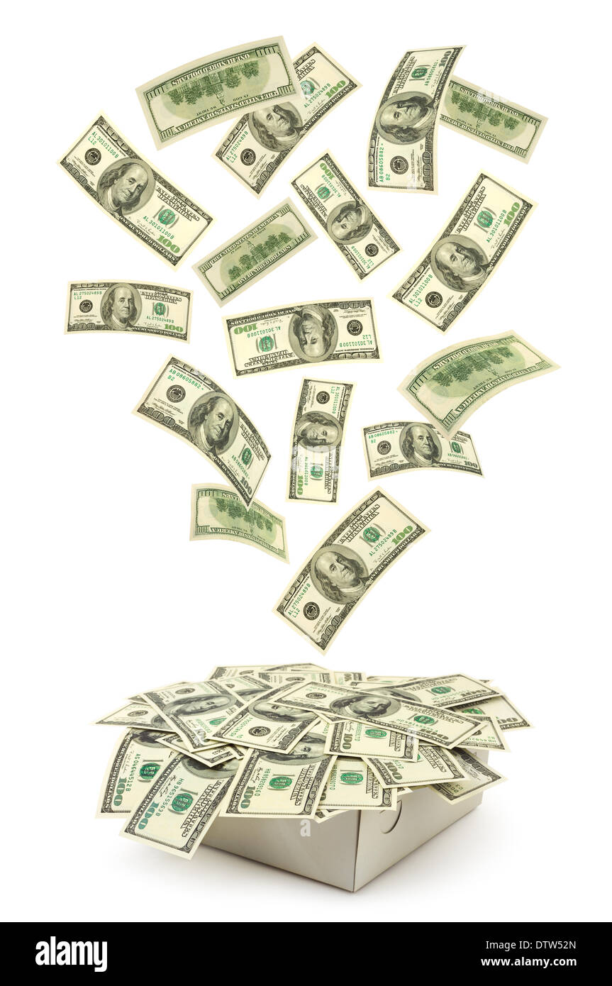 Box and falling money Stock Photo - Alamy