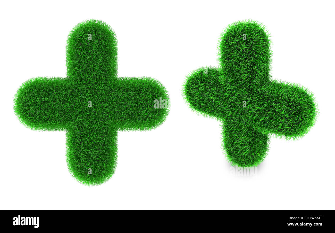 Plus sign covered by green grass isolated on white background Stock ...