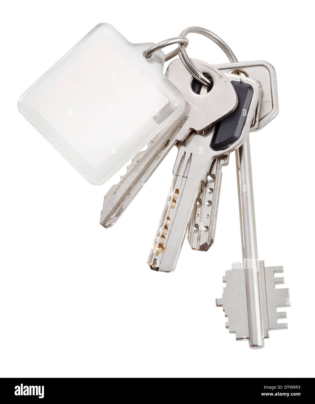 bunch of home keys on steel ring and keychain isolated on white ...