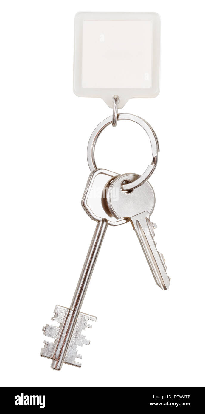 pair keys and square keychain on ring isolated on white background ...