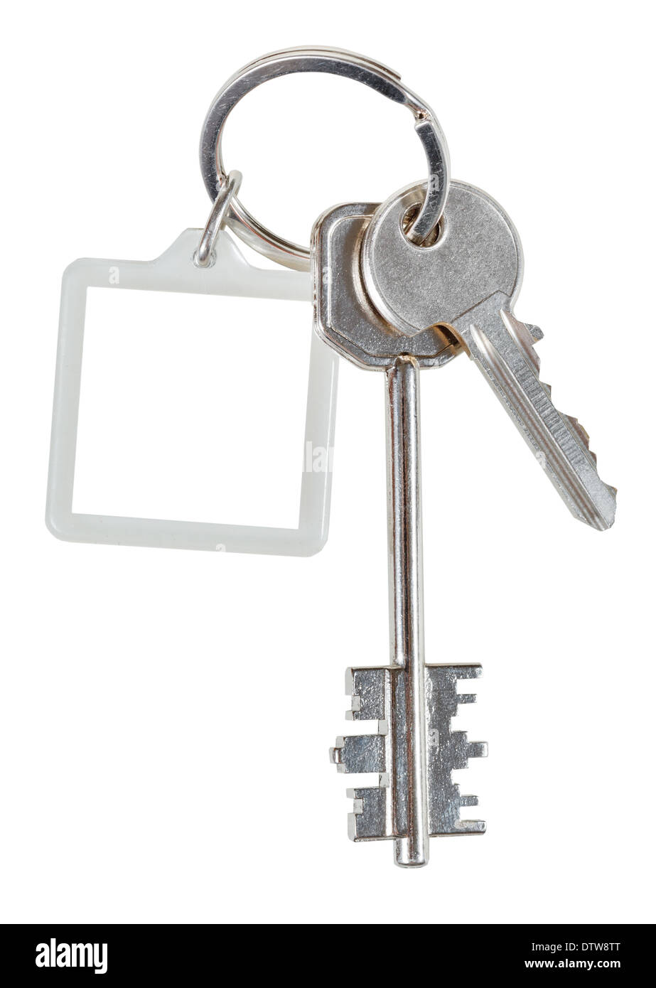 two home keys and square keychain on ring isolated on white background ...