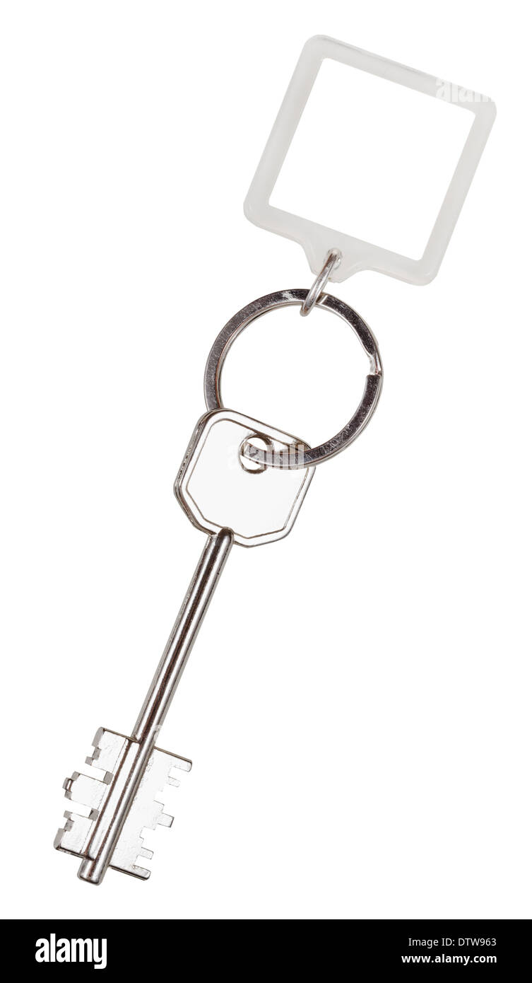 one double-sided key and square keychain on ring isolated on white ...