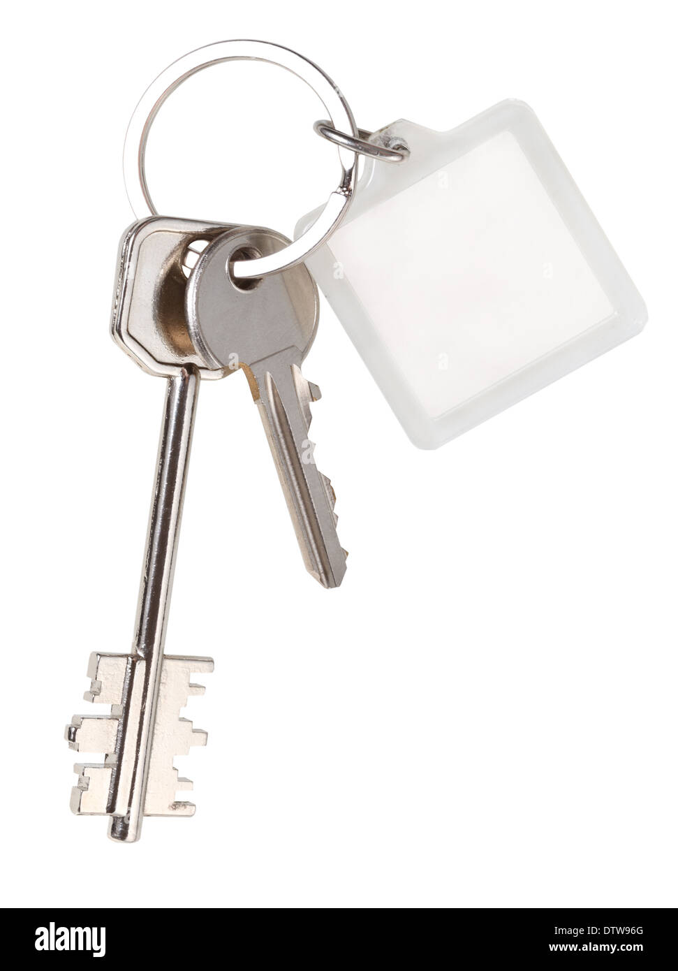 pair home keys and square keychain on ring isolated on white background ...