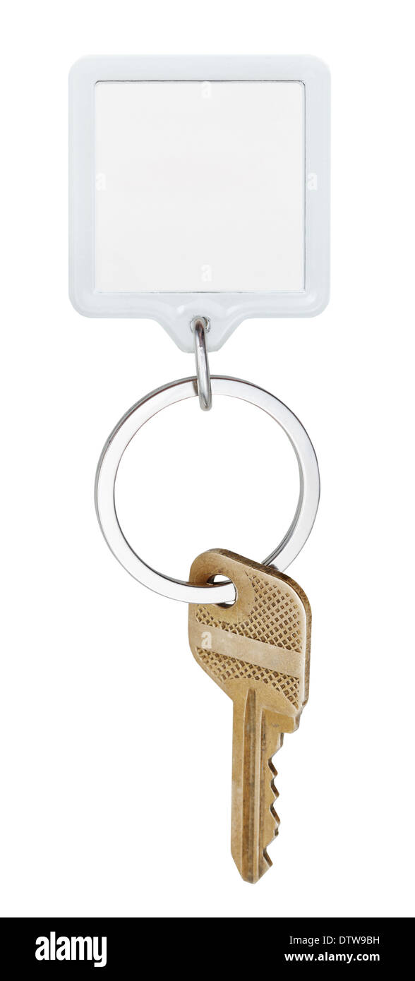 one door brass key and square keychain on ring isolated on white ...