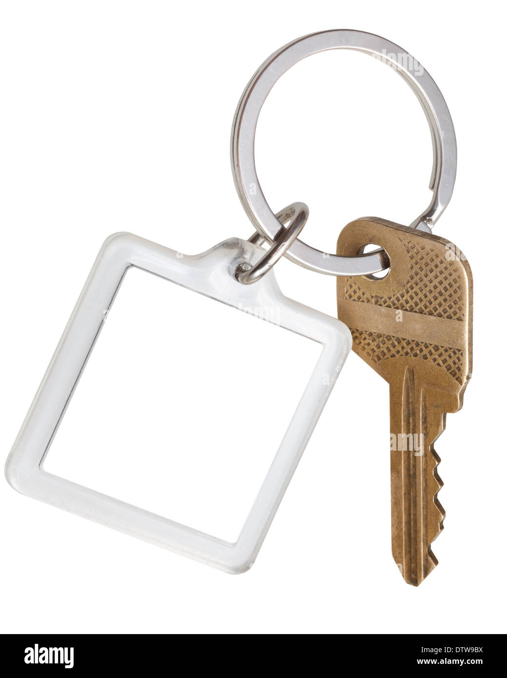 one house brass key and square keychain on ring isolated on white ...