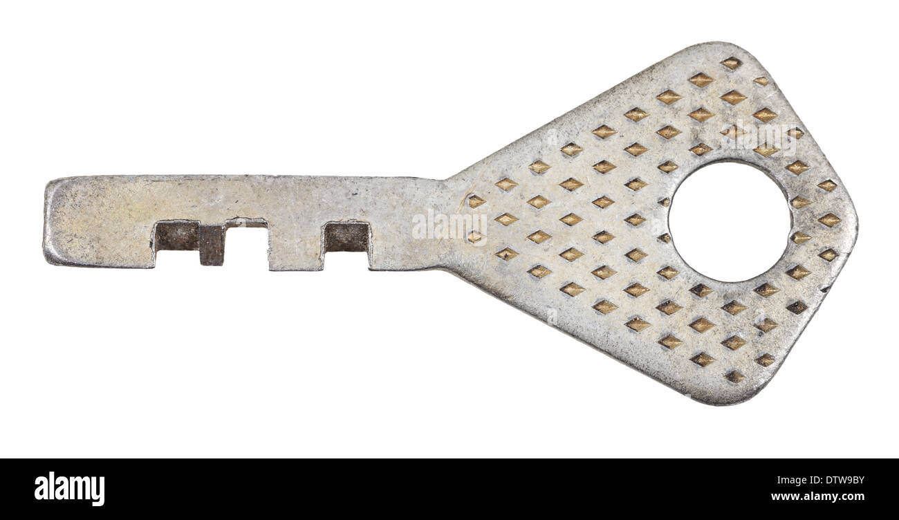 one steel door key for disc tumbler lock isolated on white background ...