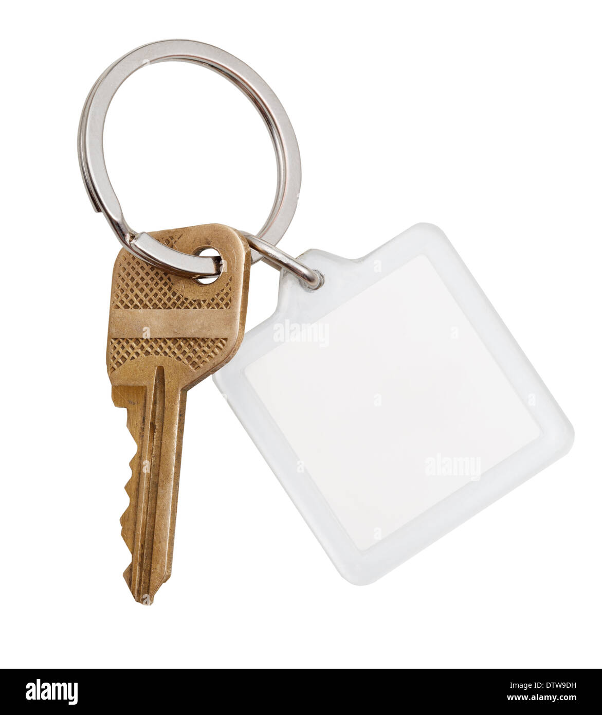 one home brass key and square keychain on ring isolated on white ...
