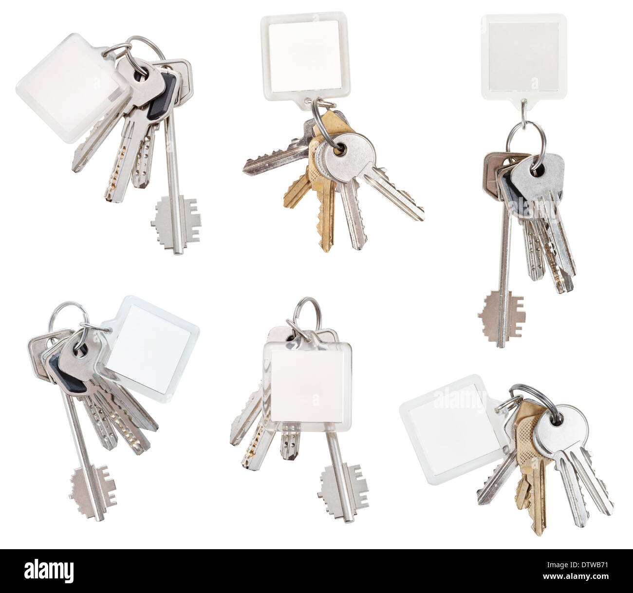 set of bunch of door keys with blank square keychain isolated on white ...