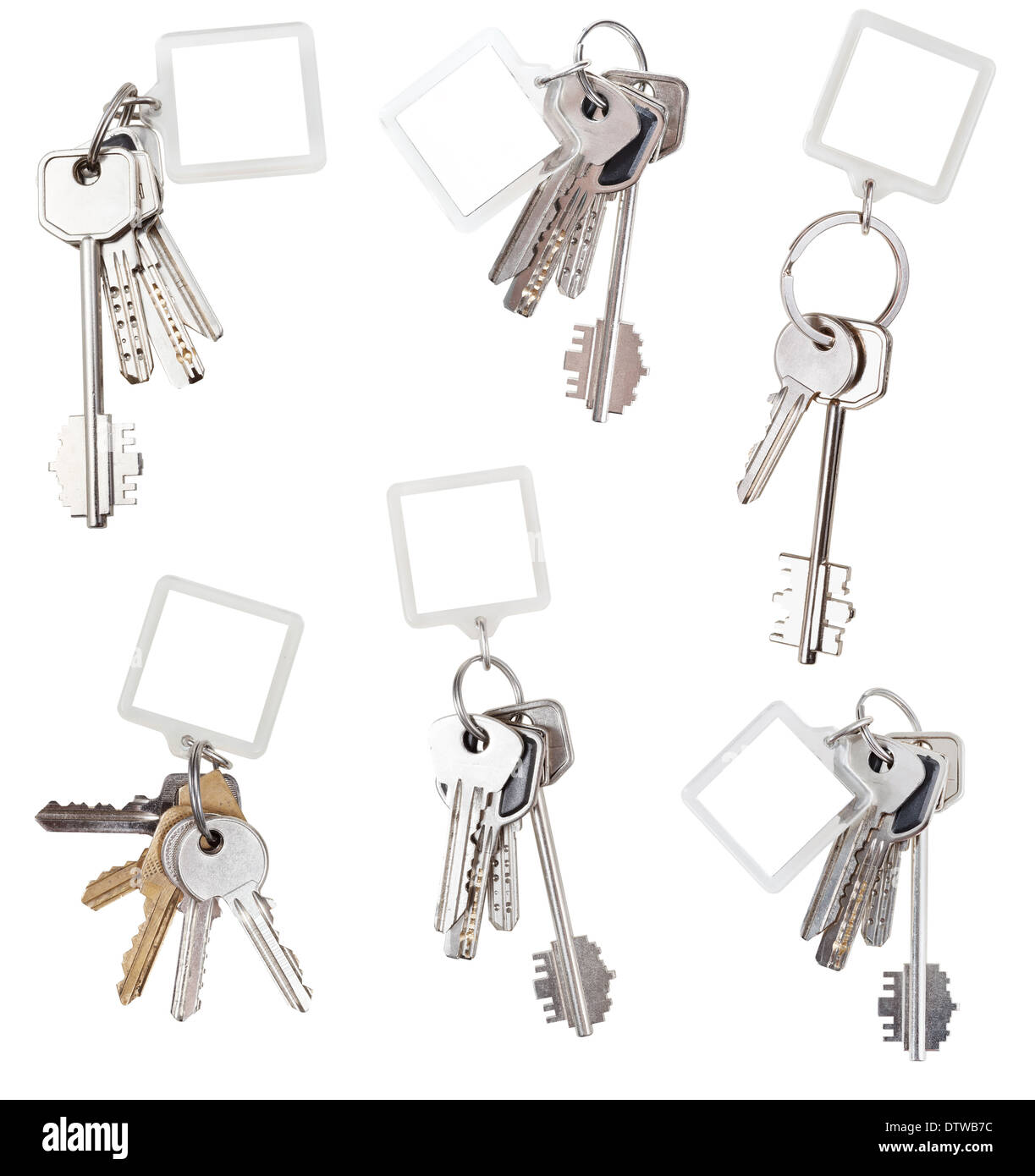collection of bunch of home keys with blank square keychain isolated on ...