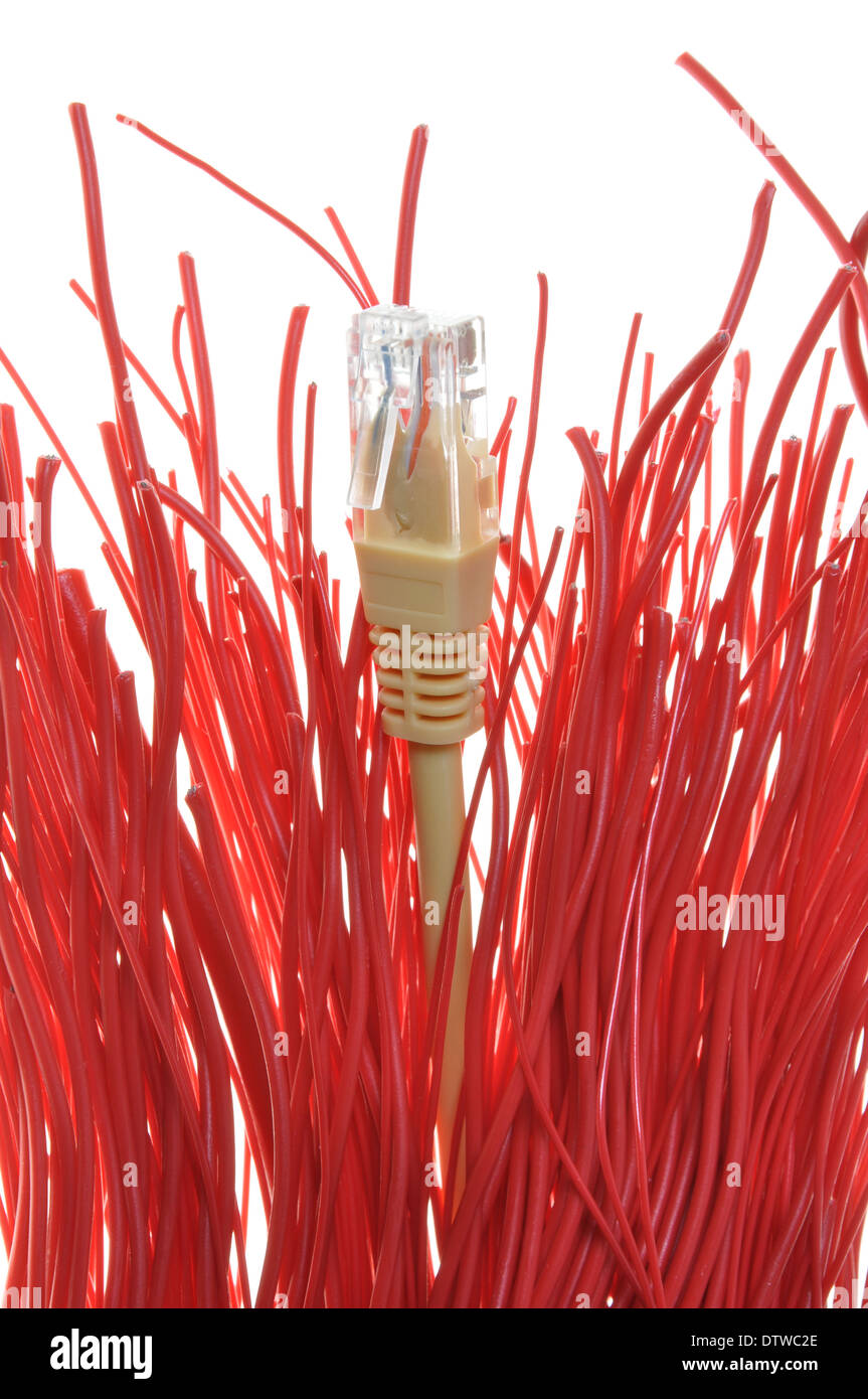 Abstract computer network, red cables and single plug Stock Photo - Alamy