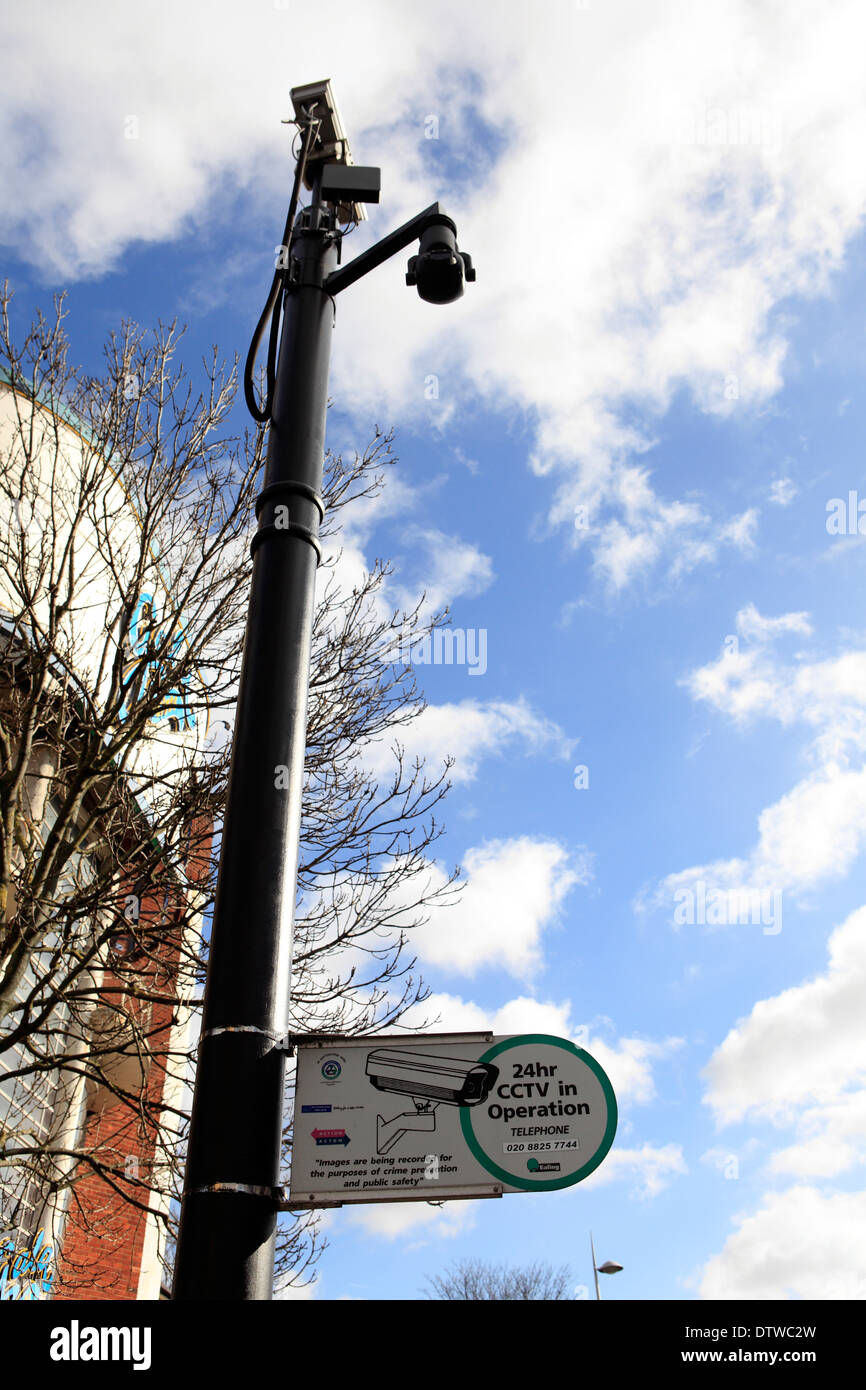 united kingdom west london acton high street sign announcing that cctv ...